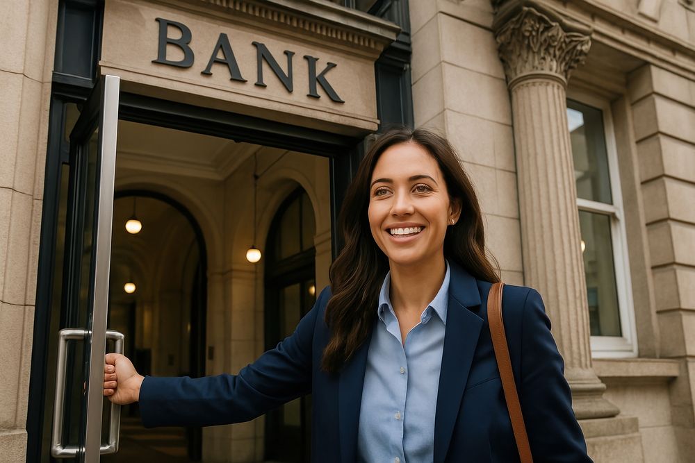 Woman entering bank smiling. | Free Photo - rawpixel
