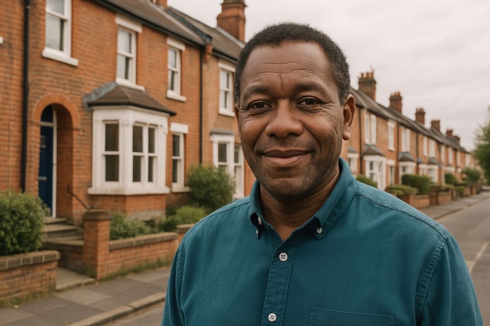 Man smiling suburban street homes | Free Photo - rawpixel