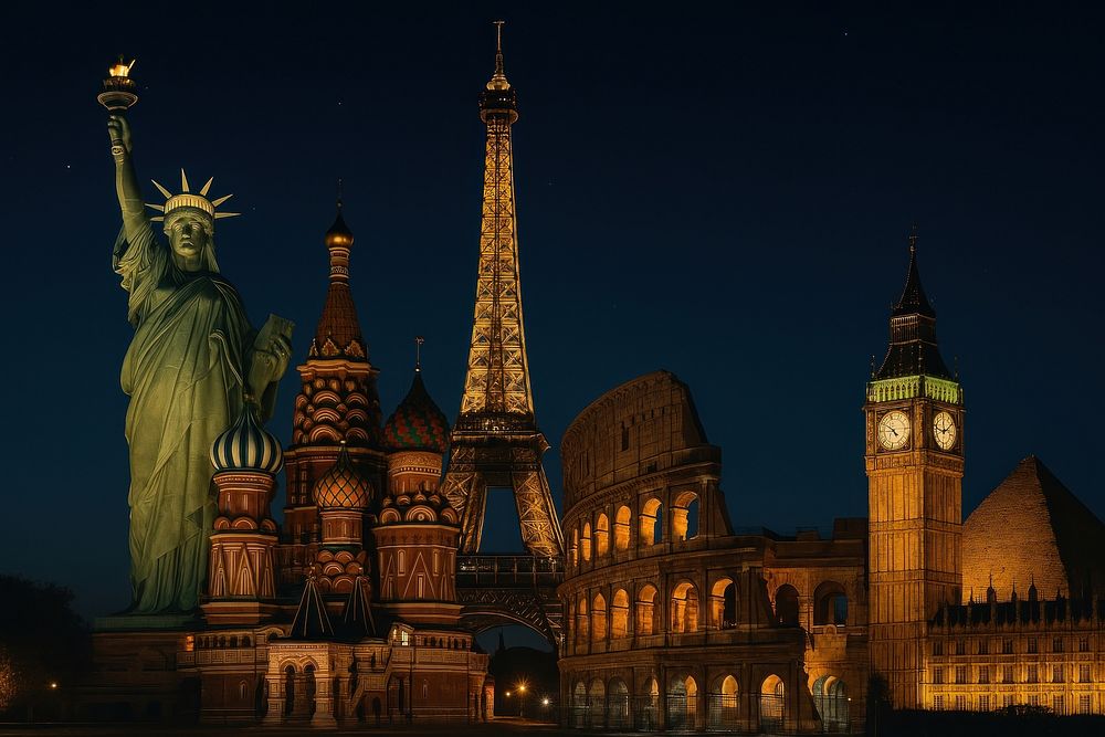 Iconic landmarks illuminated night | Free Photo - rawpixel