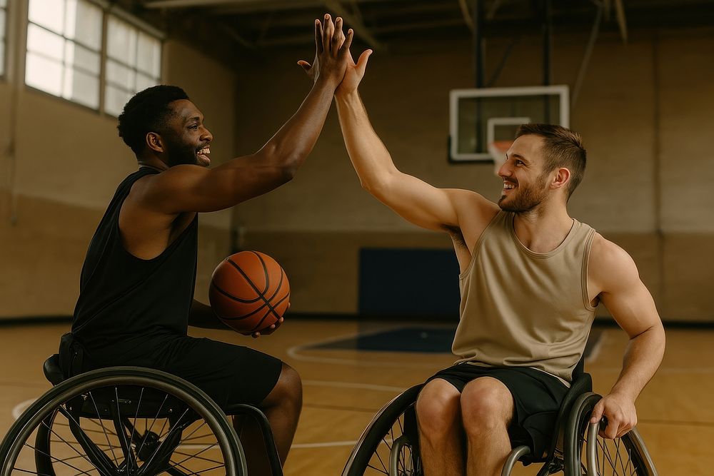 Wheelchair basketball players celebrating victory. | Free Photo - rawpixel