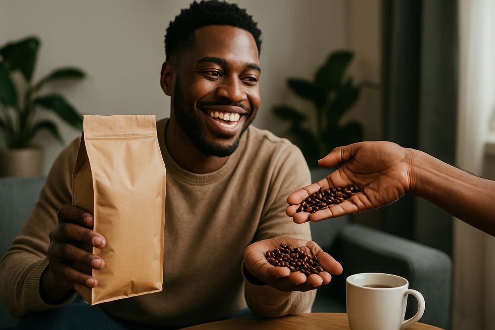 Joyful coffee bean exchange moment. | Free Photo - rawpixel