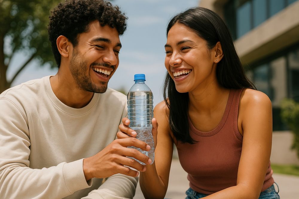 Happy couple sharing water outdoors | Free Photo - rawpixel