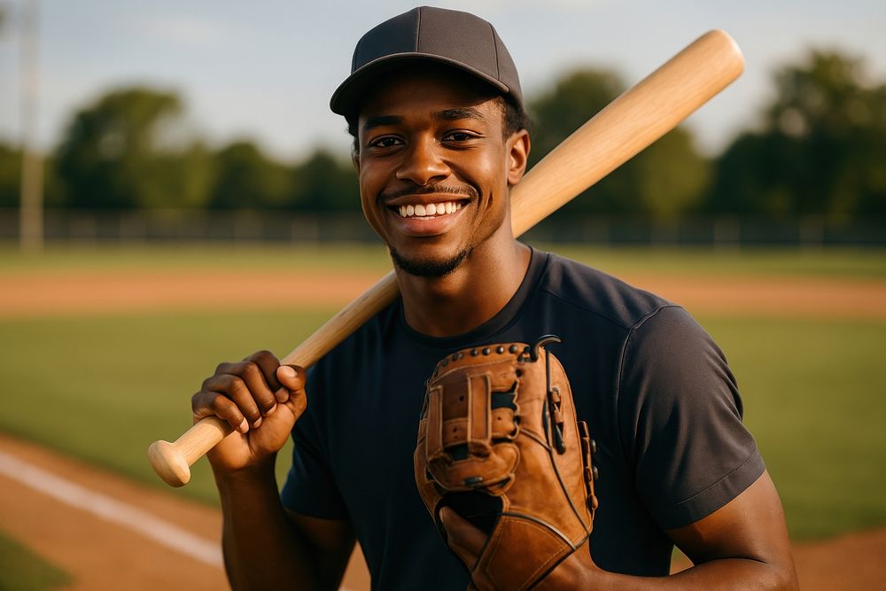 Smiling baseball player holding bat. | Free Photo - rawpixel