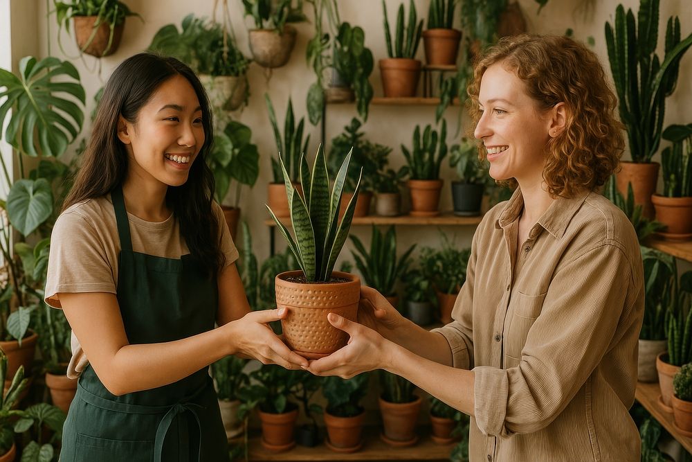 Happy women exchanging potted plant. | Free Photo - rawpixel