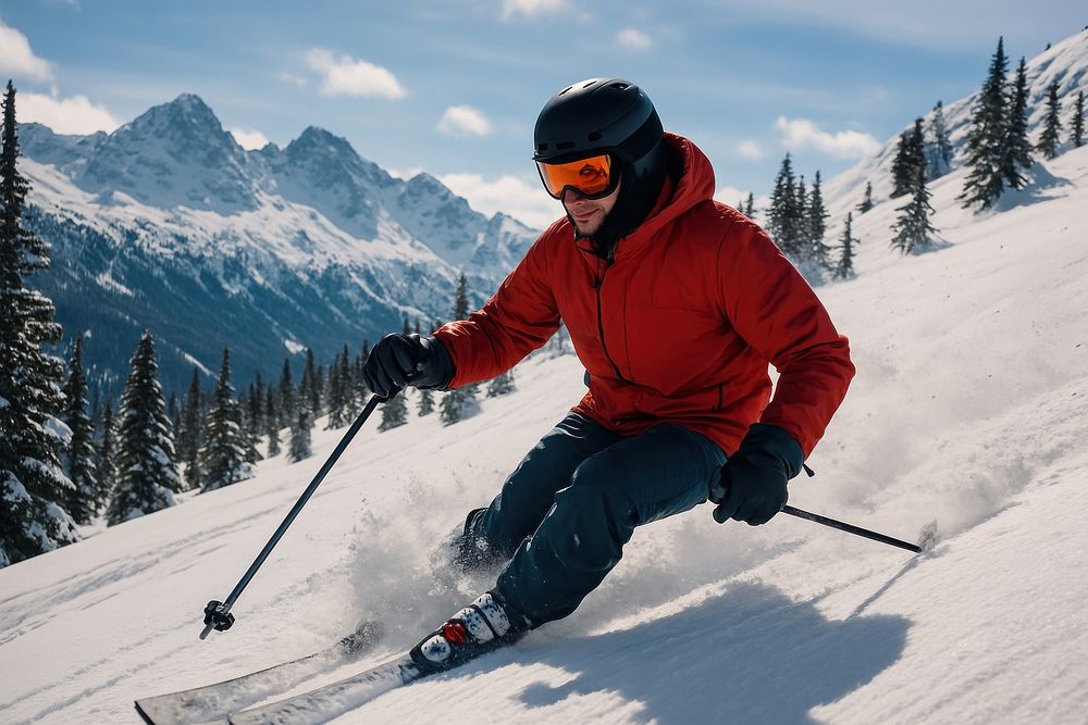 Skier descending snowy mountain slope. | Free Photo - rawpixel