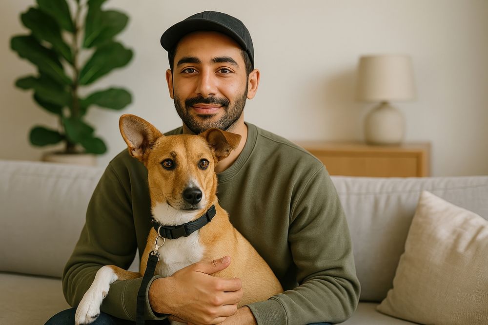 Man cuddling dog indoors sofa | Free Photo - rawpixel