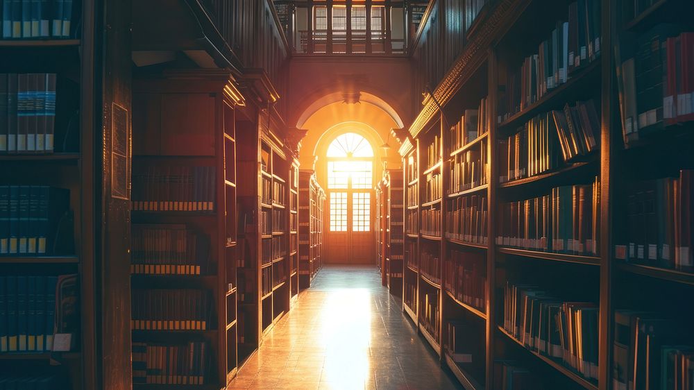 Sunlit library aisle tranquility, desktop | Free Photo - rawpixel