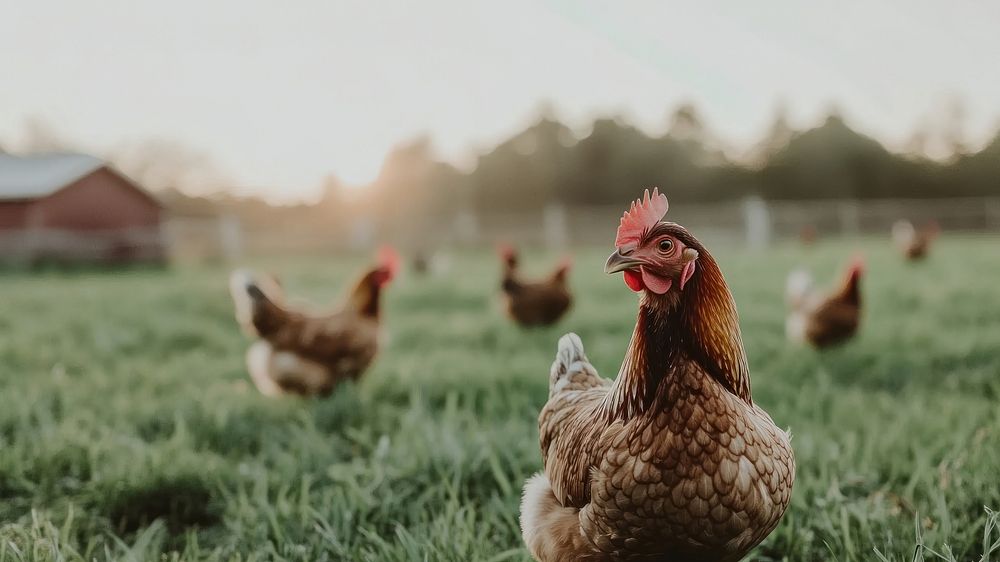 Chickens grazing sunrise farm, desktop | Free Photo - rawpixel