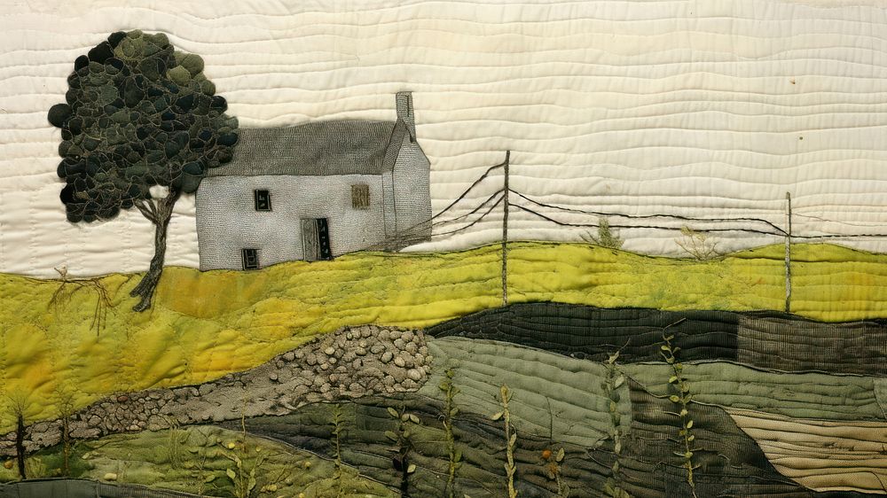 Quilted rural landscape art, desktop | Free Photo - rawpixel