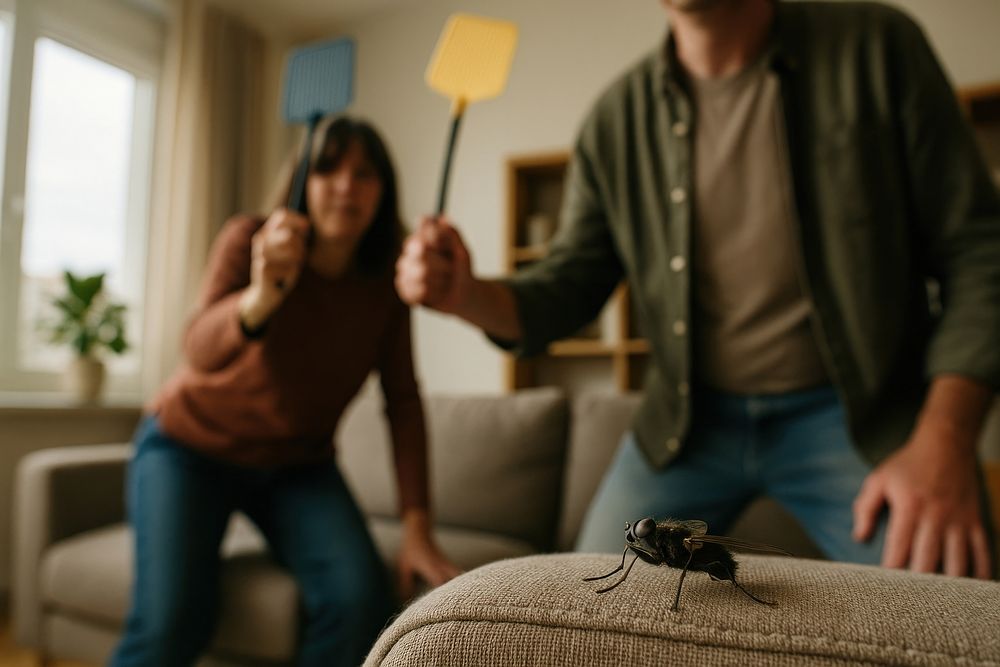 Couple targeting giant fly indoors | Free Photo - rawpixel