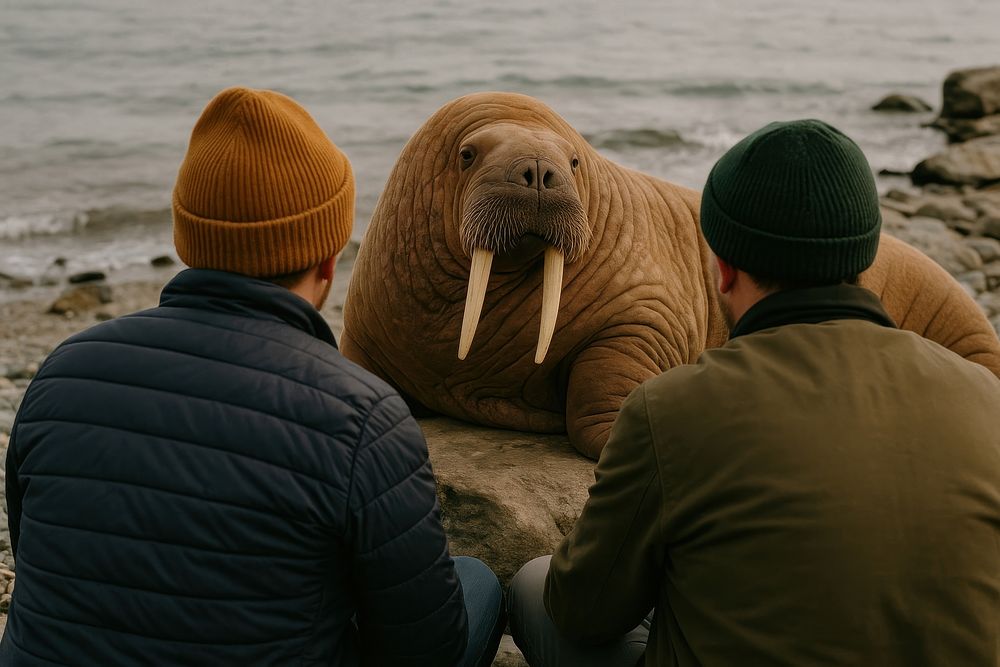 Two people observe walrus | Free Photo - rawpixel