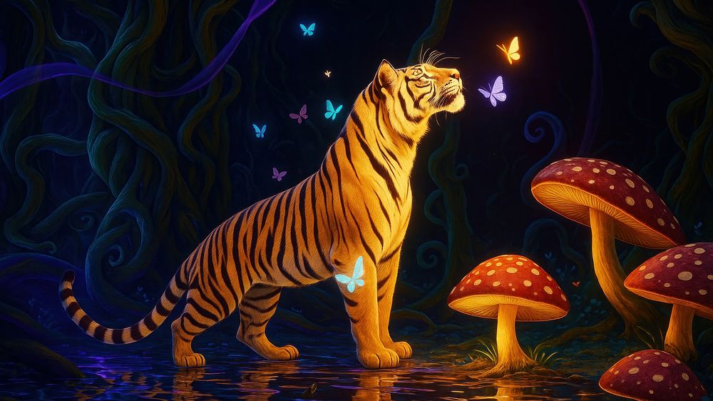 Tiger enchanted by glowing butterflies. | Free Photo Illustration ...