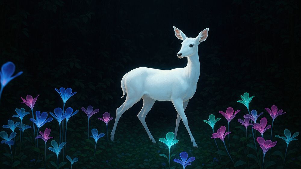Enchanted deer amidst glowing flowers | Free Photo Illustration - rawpixel