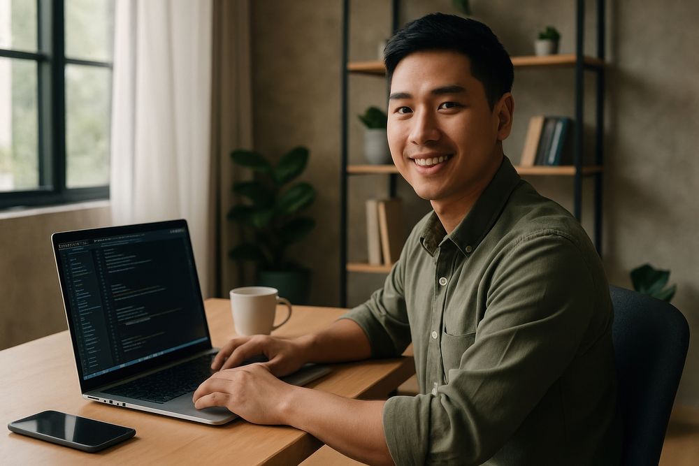 Developer working remotely, smiling. | Free Photo - rawpixel