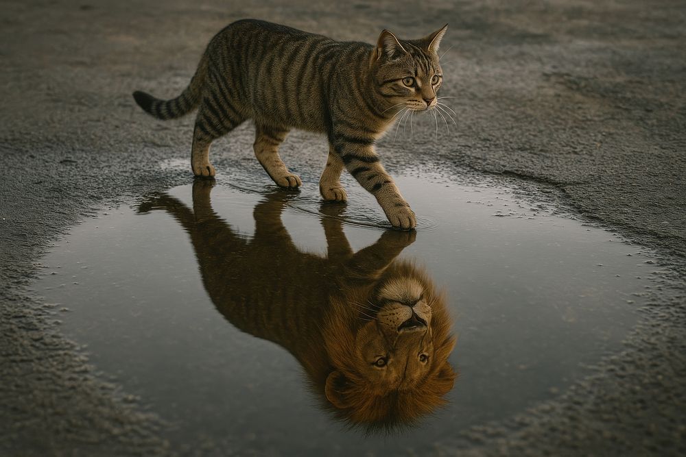 Cat sees lion reflection puddle. | Free Photo - rawpixel