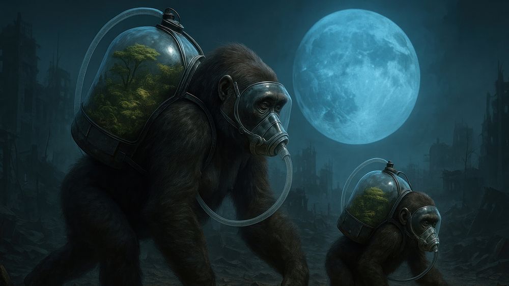 Futuristic apes exploring moonlit ruins | Free Photo - rawpixel