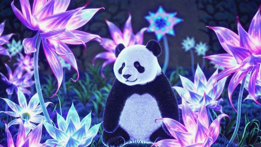 Panda amidst glowing flowers | Free Photo Illustration - rawpixel