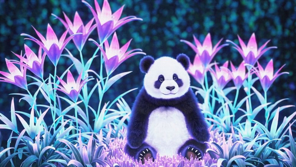 Panda amidst glowing fantasy flora. | Free Photo Illustration - rawpixel