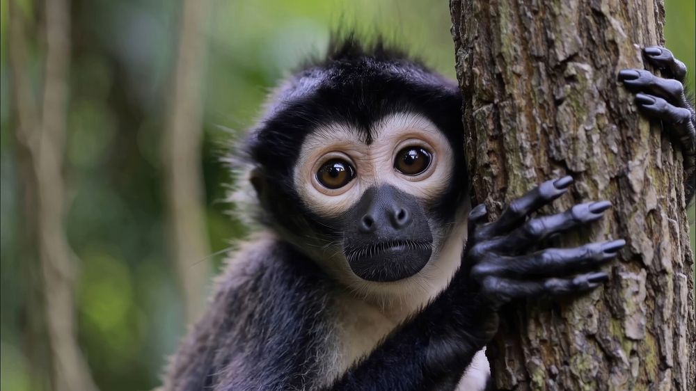 Curious monkey hugging tree | Free Photo - rawpixel