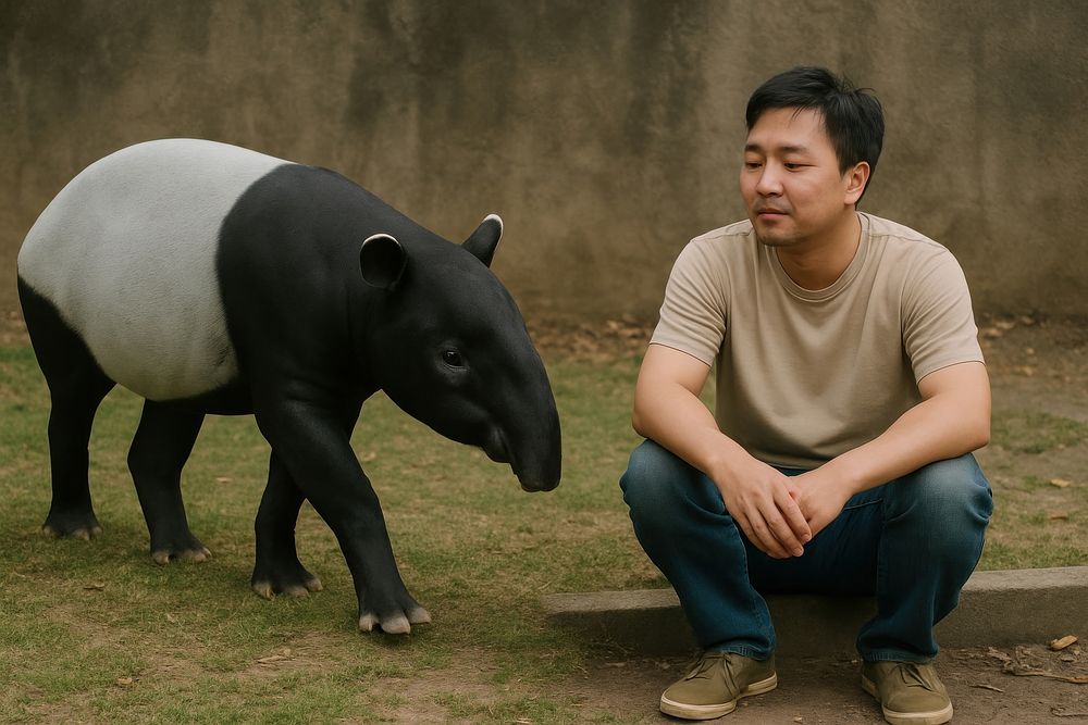 Man sitting near Malayan tapir | Free Photo - rawpixel