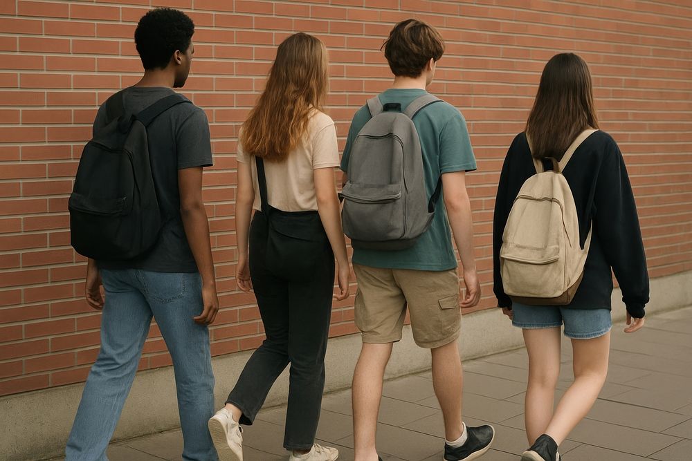 Students walking brick wall backpacks | Free Photo - rawpixel