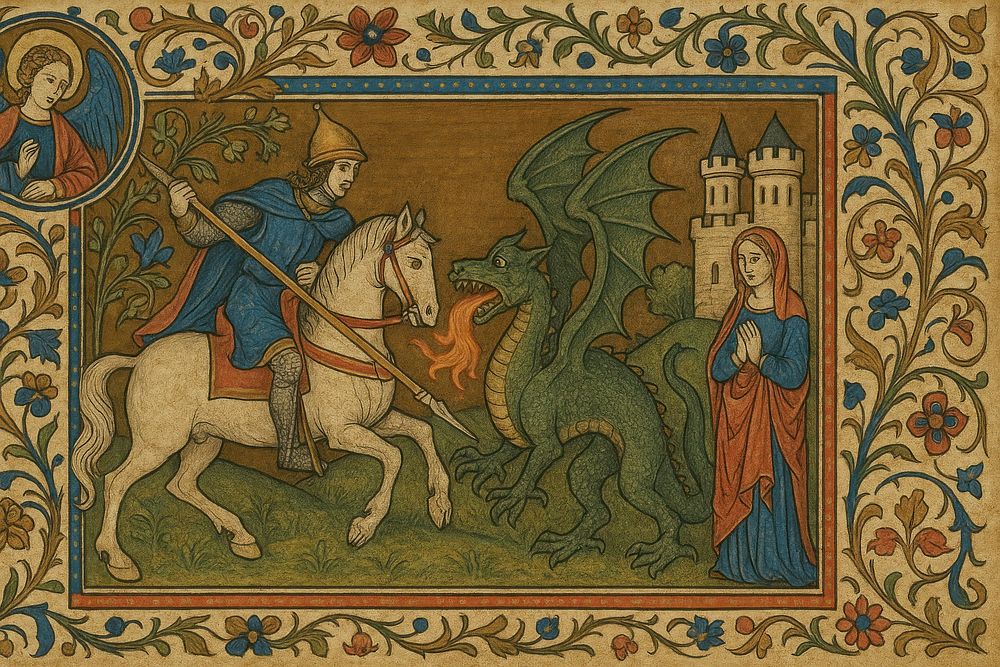 Medieval knight slays dragon | Free Photo Illustration - rawpixel