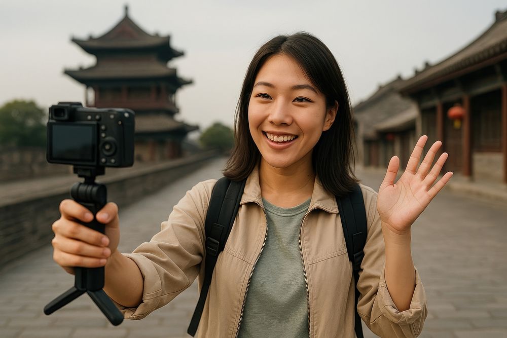 Traveler vlogging ancient architecture backdrop | Free Photo - rawpixel