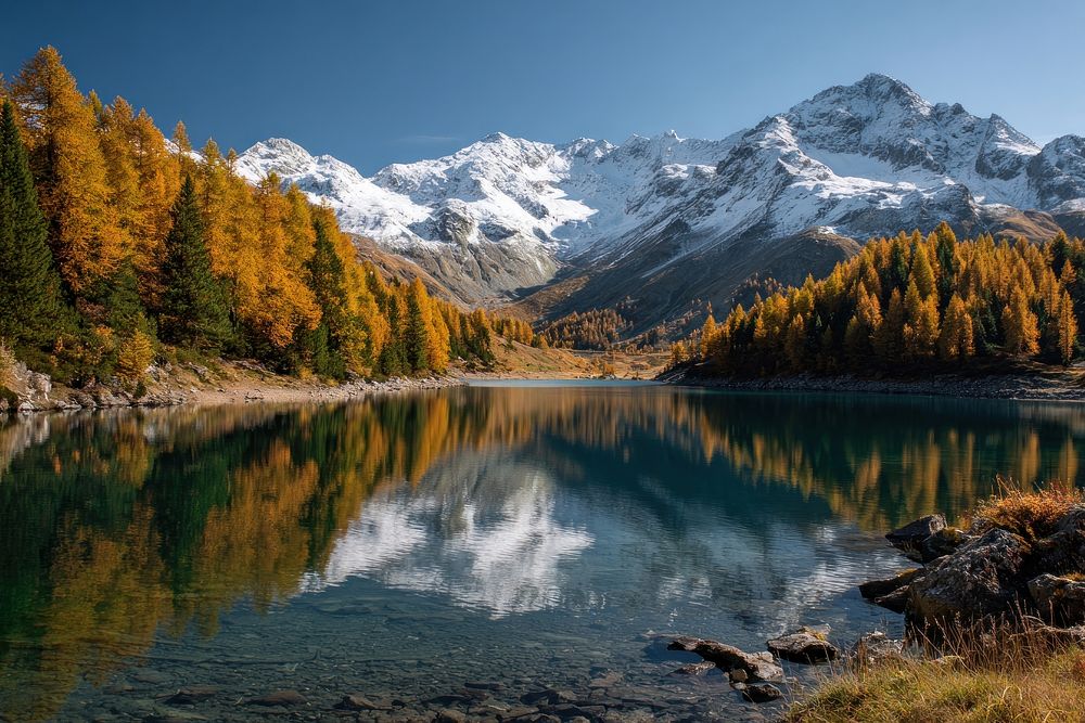 snow-capped mountains autumn trees lake | Free Photo - rawpixel
