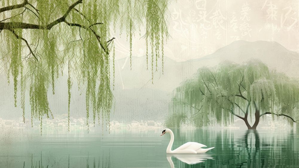 Willow tree swan outdoors, desktop | Free Photo Illustration - rawpixel