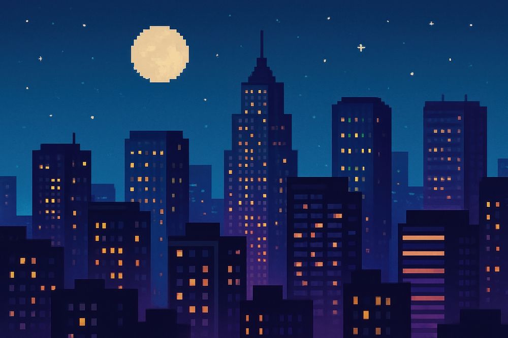 Pixelated cityscape under moonlight | Free Photo Illustration - rawpixel