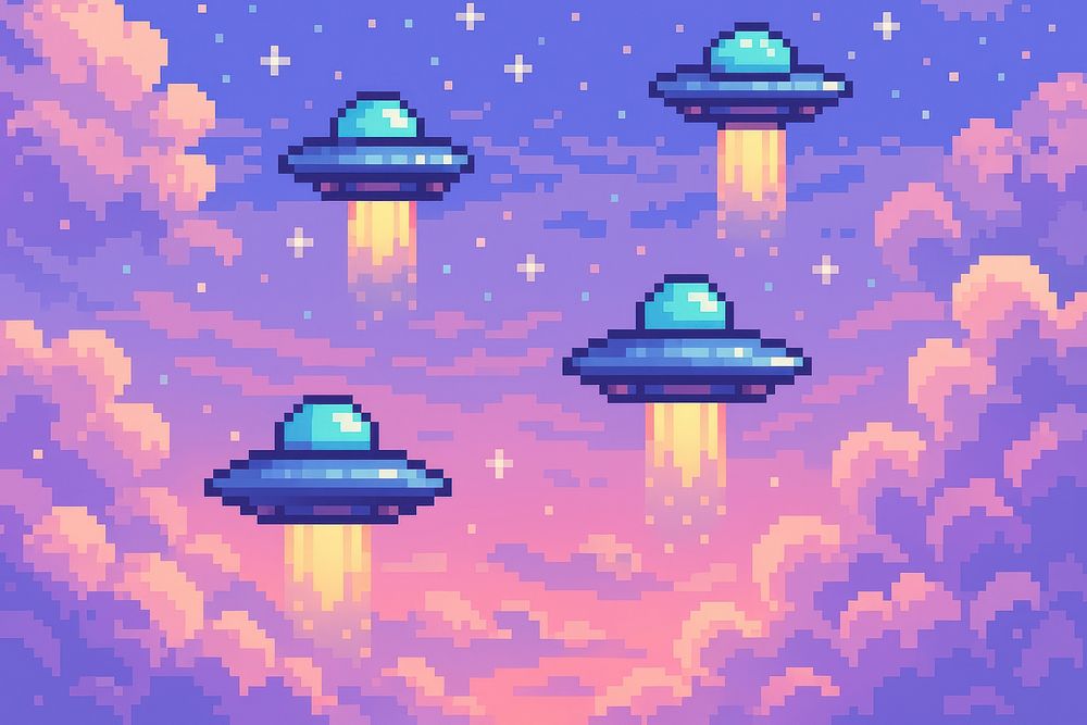 Pixel UFOs soar cosmic skies | Free Photo Illustration - rawpixel