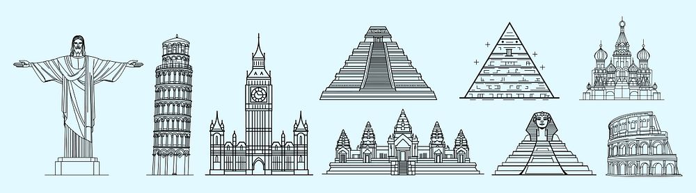Iconic landmarks line art, isolated | Free Vector - rawpixel