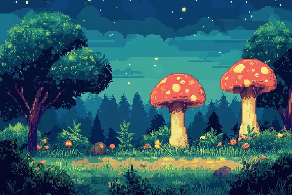 Pixel game illustration landscape mushrooms | Free Vector Illustration ...