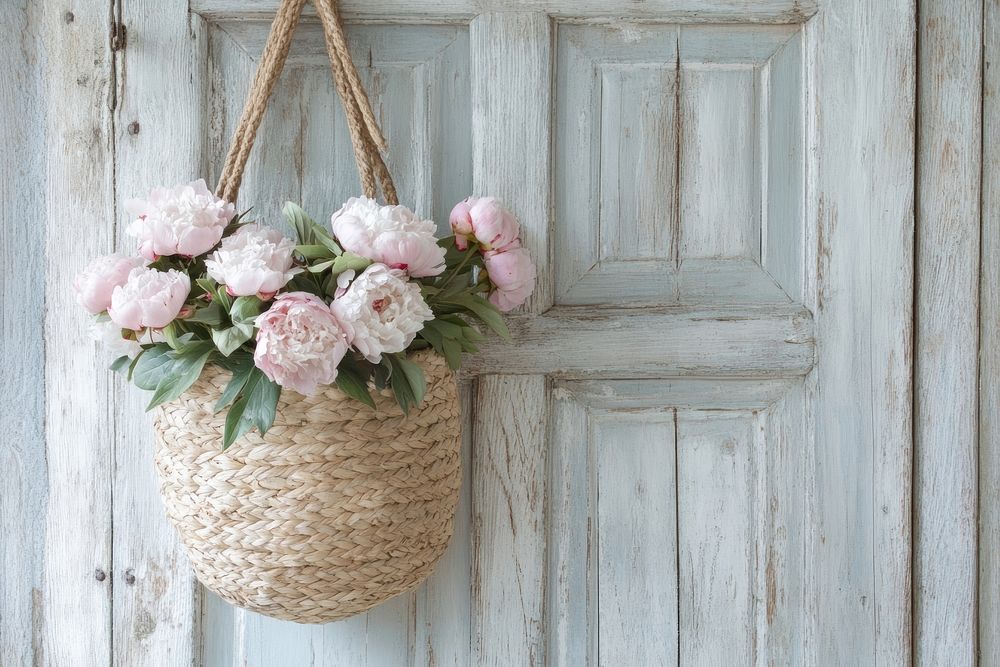 Straw bag flowers hanging peonies. | Free Photo - rawpixel