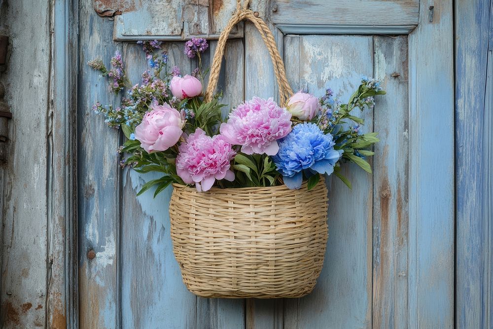 Straw bag blossoms peonies hanging. | Free Photo - rawpixel