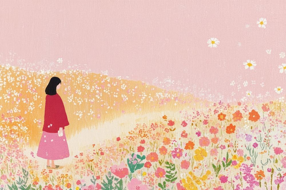 Woman walking flowers field illustration | Free Photo Illustration ...