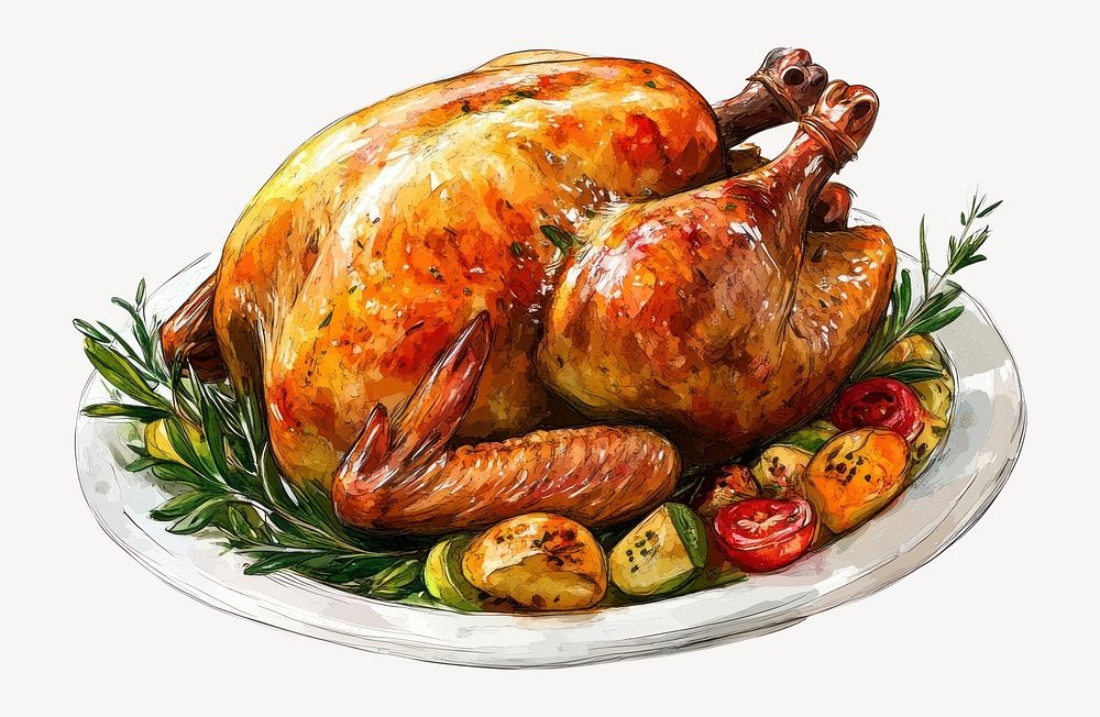 Whole roasted chicken background white | Free Vector Illustration ...