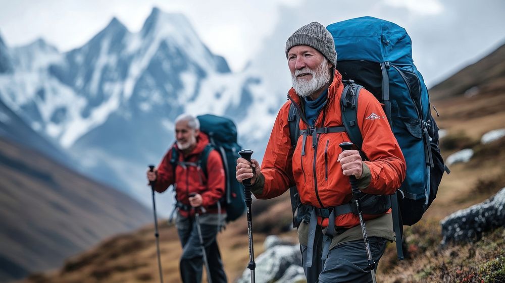 Two senior hikers backpacking mountains | Free Photo - rawpixel
