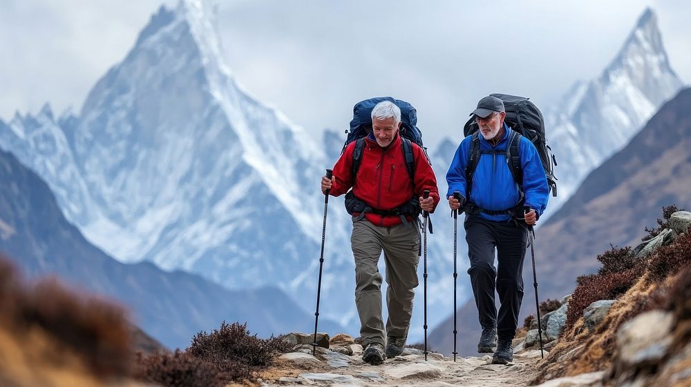 Two senior hikers backpacking mountains | Free Photo - rawpixel