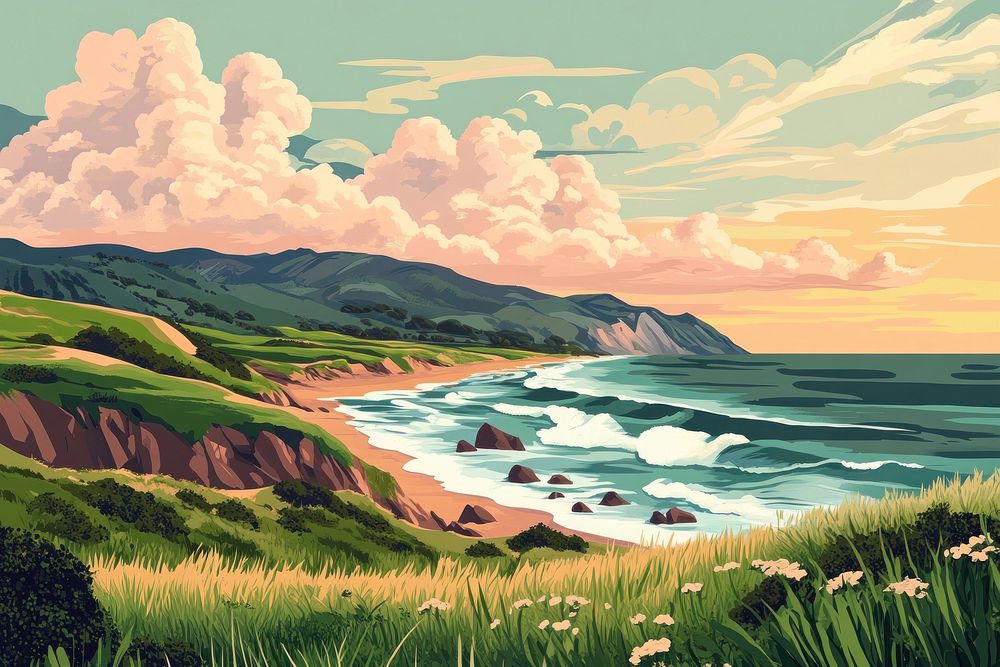 coastal landscape ocean illustration scenery. | Free Photo Illustration ...