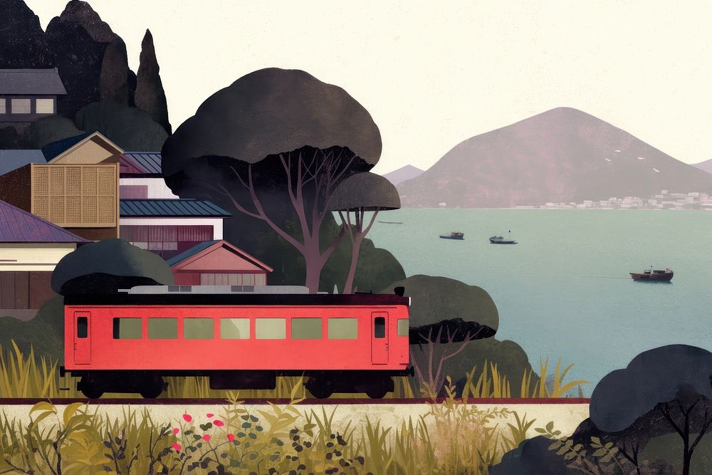 Enoden train illustration scenery nature | Free Vector - rawpixel