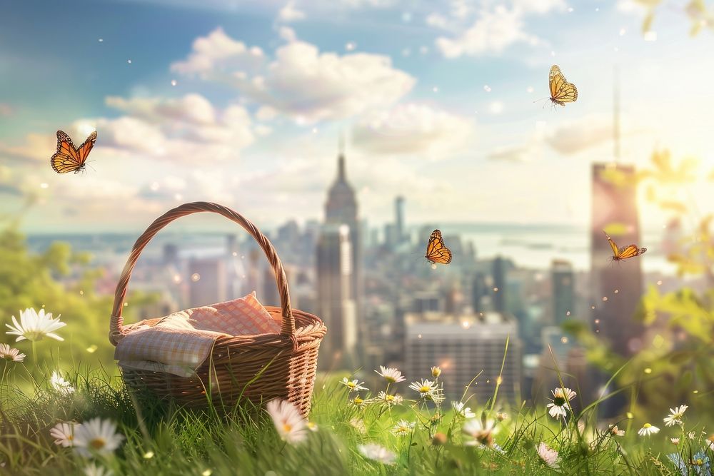 Spring season picnic butterflies skyline | Free Photo - rawpixel