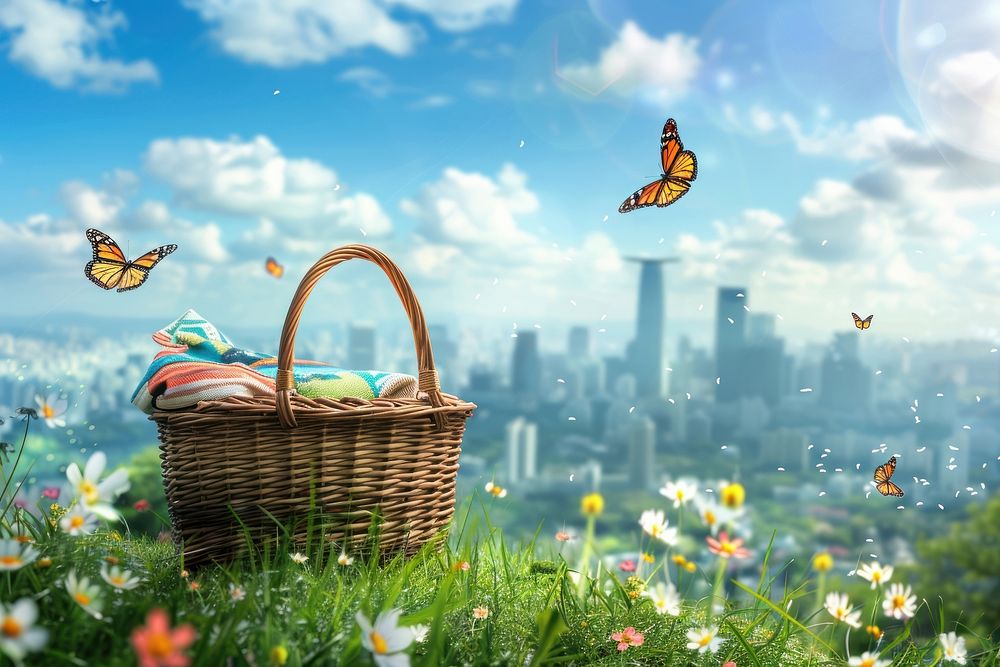 Spring season picnic butterflies skyline. | Free Photo - rawpixel