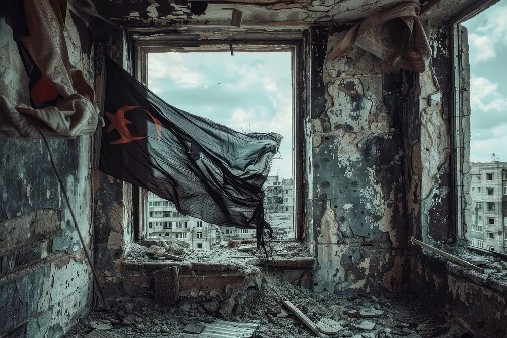 Tattered pattern flag hanging building | Free Photo - rawpixel