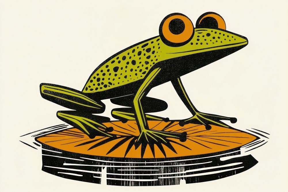 Linocut green silly frog illustration | Free Photo Illustration - rawpixel
