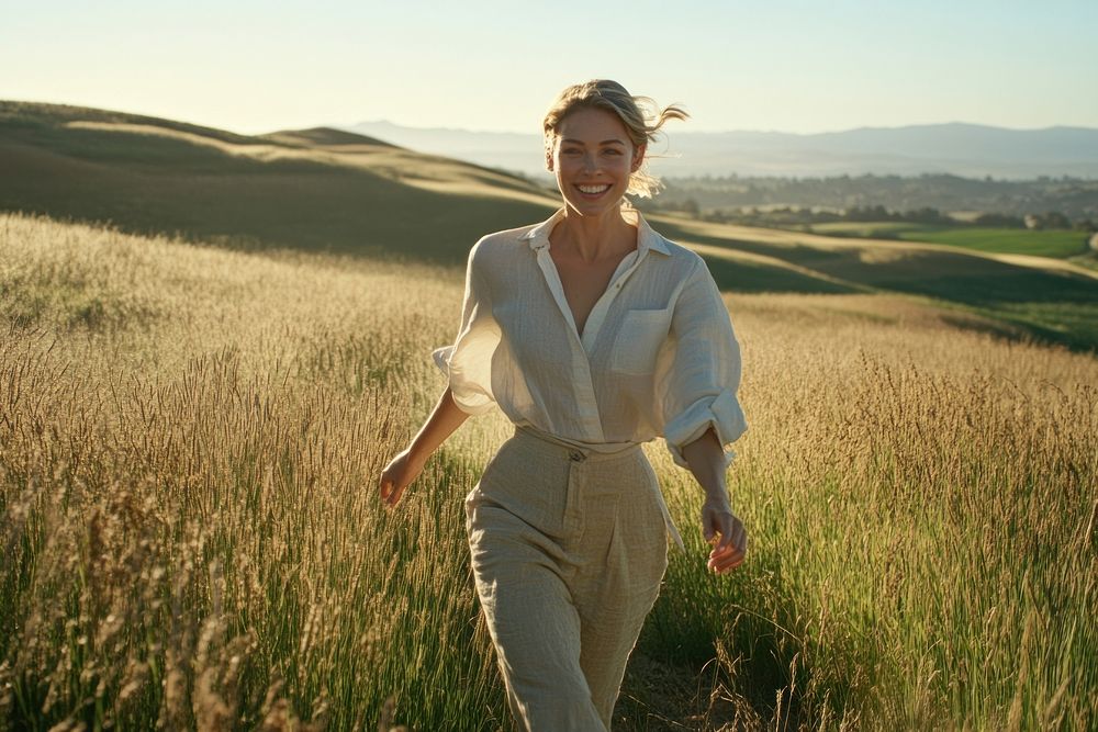 Woman running tall grasses rolling | Free Photo - rawpixel