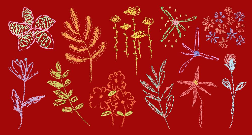 Colorful floral doodles red background. | Free Vector - rawpixel