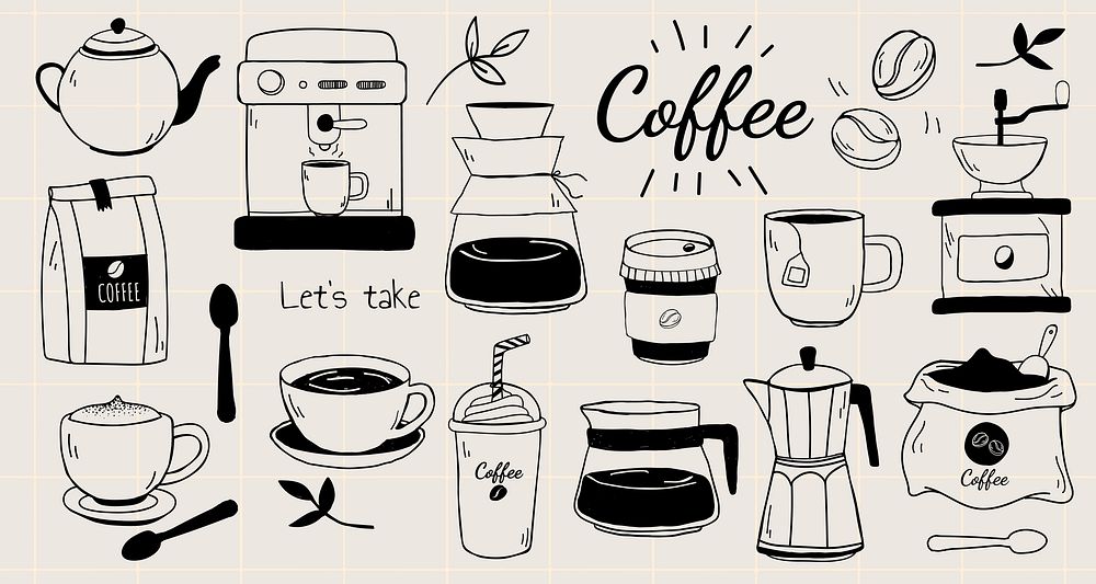 Coffee doodles cups, beans, and | Free Vector - rawpixel