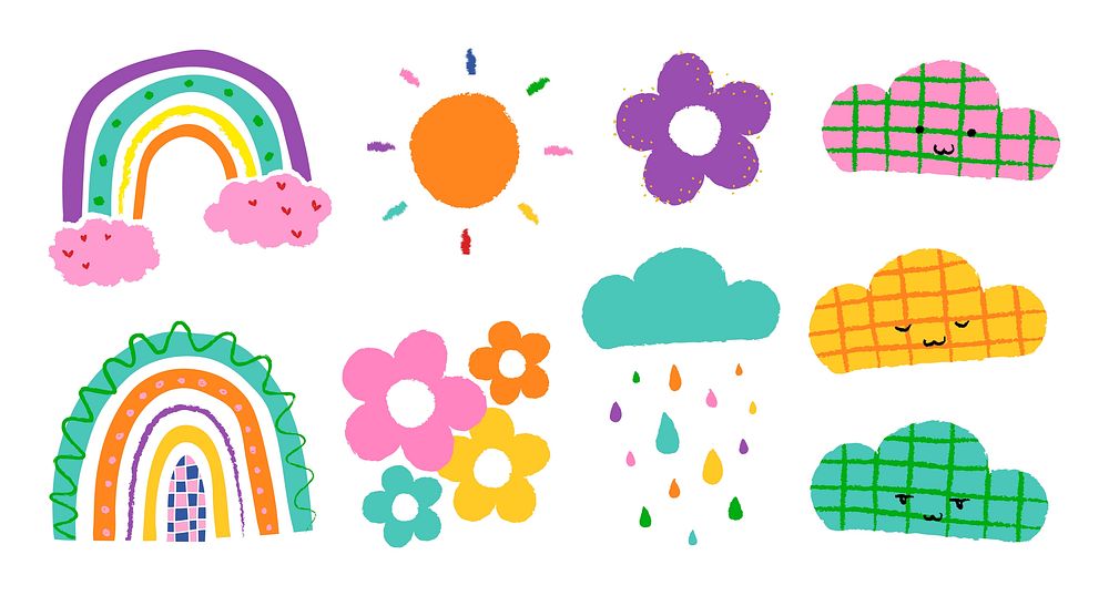 Colorful doodles rainbows, clouds, and | Free Vector - rawpixel
