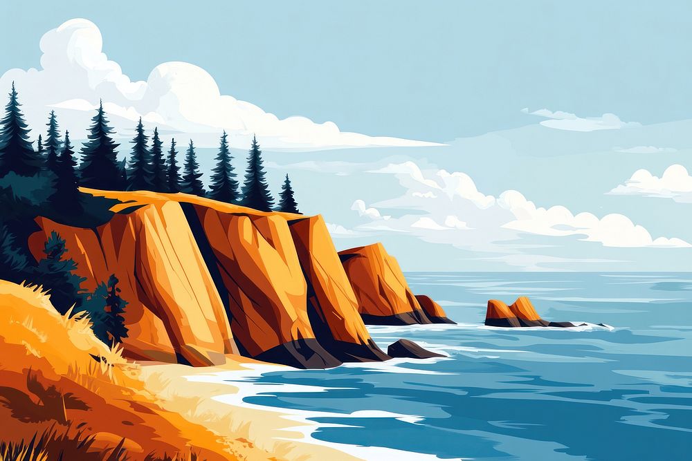 Pine trees cliffs coast illustration. | Free Photo Illustration - rawpixel